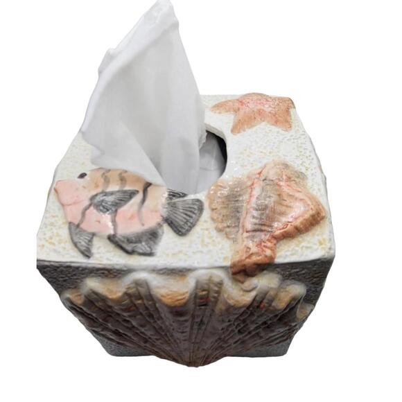 Bath | Sea Shell Fish Tissue Box Cover Holder Nautical Coastal Vintage ...